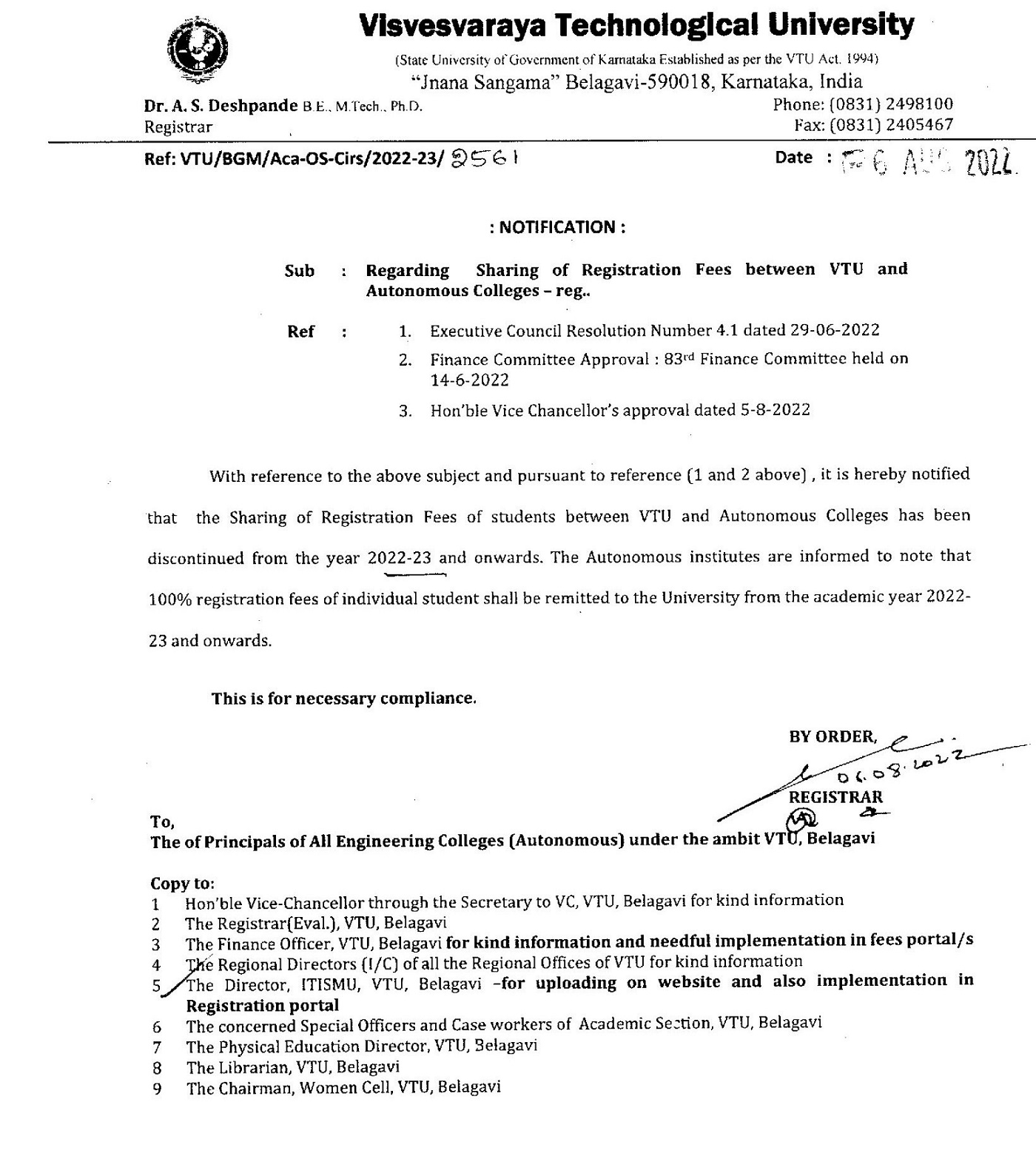 NOTIFICATION – Regarding sharing of Registration Fees between VTU and ...