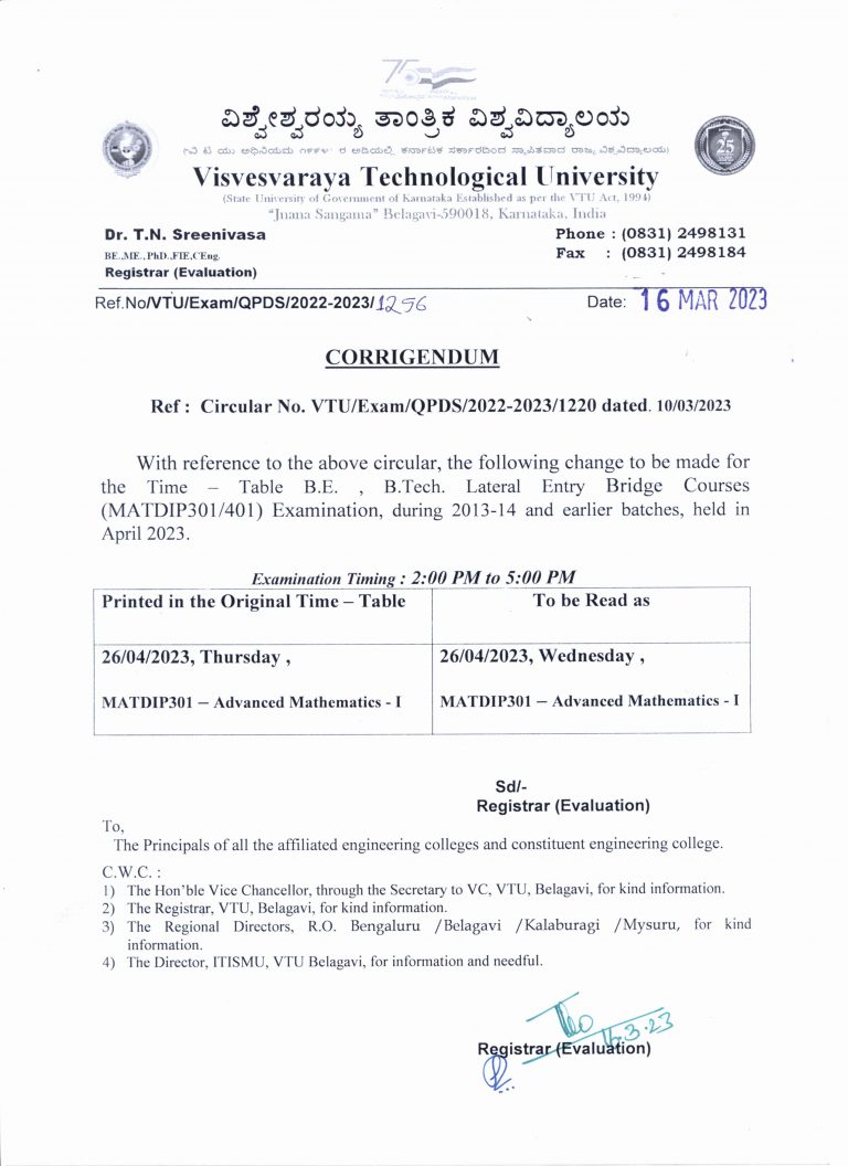 CORRIGENDUM – Time Table for Bridge Course (MATDIP301), April 2023. – Visvesvaraya Technological ...